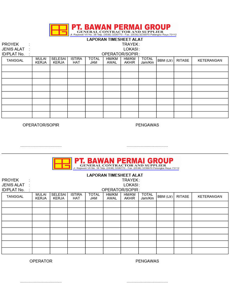 Laporan Timesheet Alat Berat 2024 | PDF