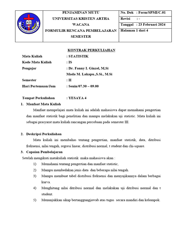 Kontrak Perkuliahan Statistik MSP 2024 | PDF