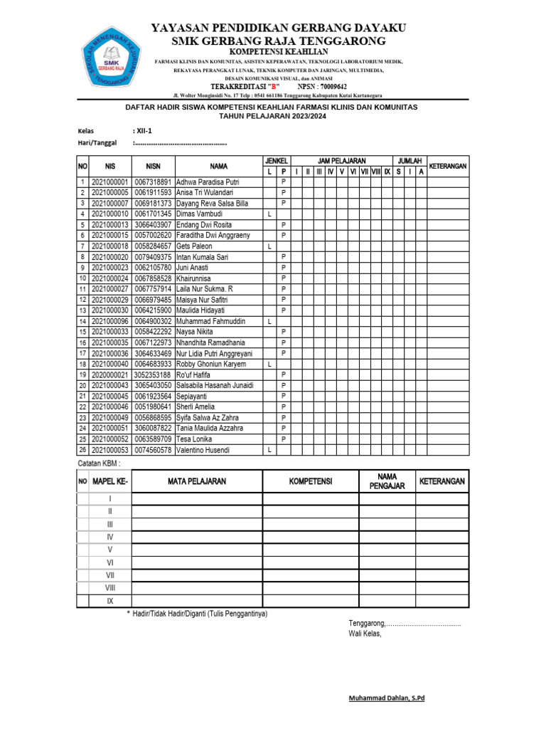 Absen Siswa 2023 2024 Semester Ganjil Pdf