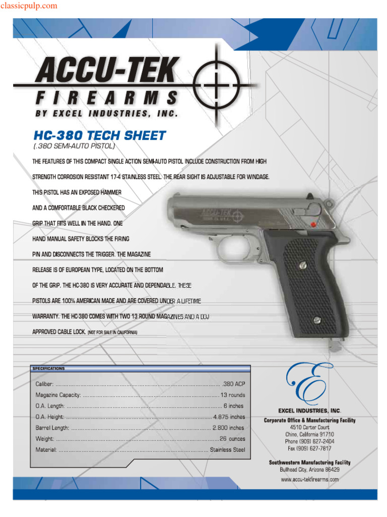 Accu Tek Hc 380 Pistol Tech Sheet Norestriction Pdf