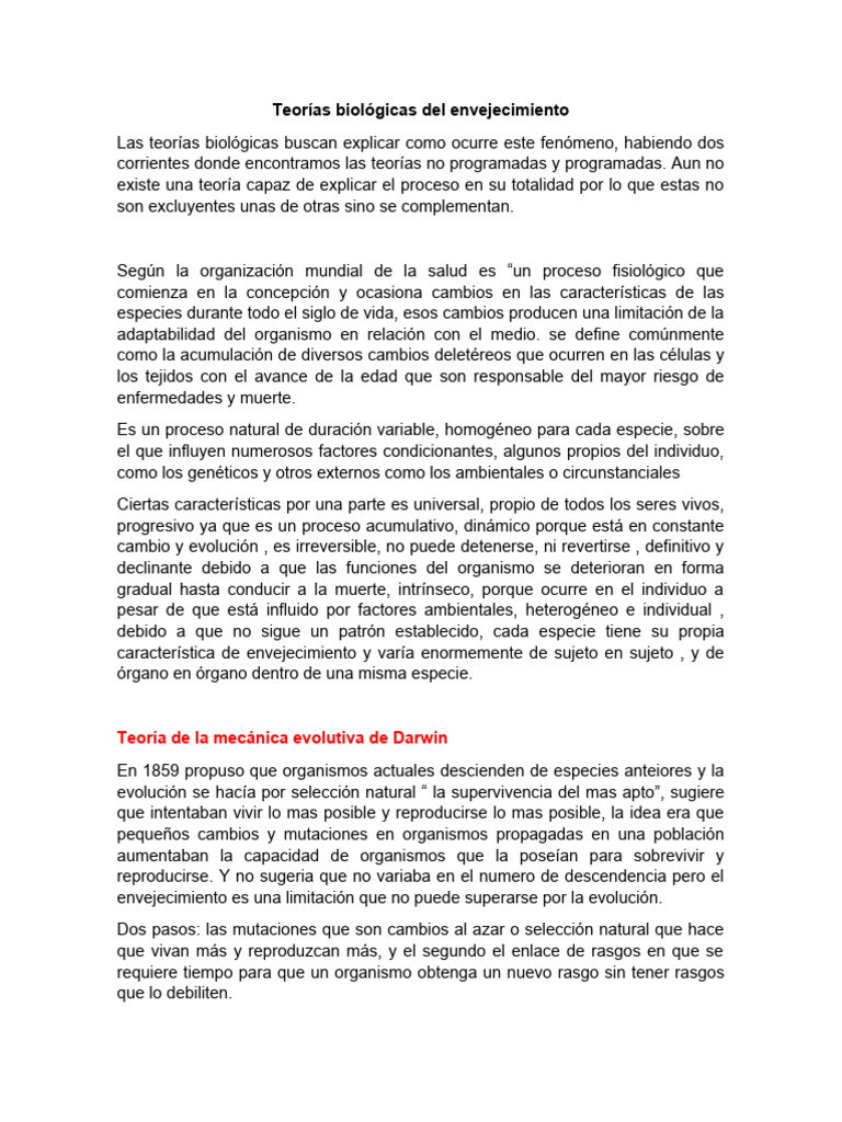 Teorías Biológicas Del Envejecimiento | PDF