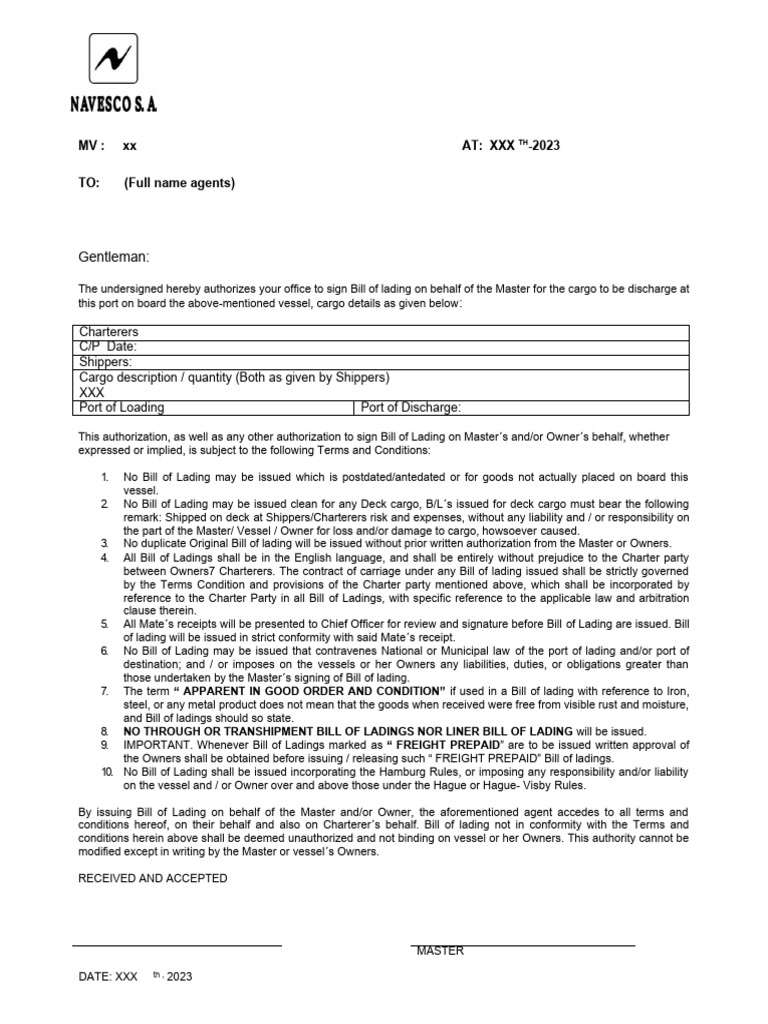 MV XXX NAVESCO LOA For Sign BL | PDF