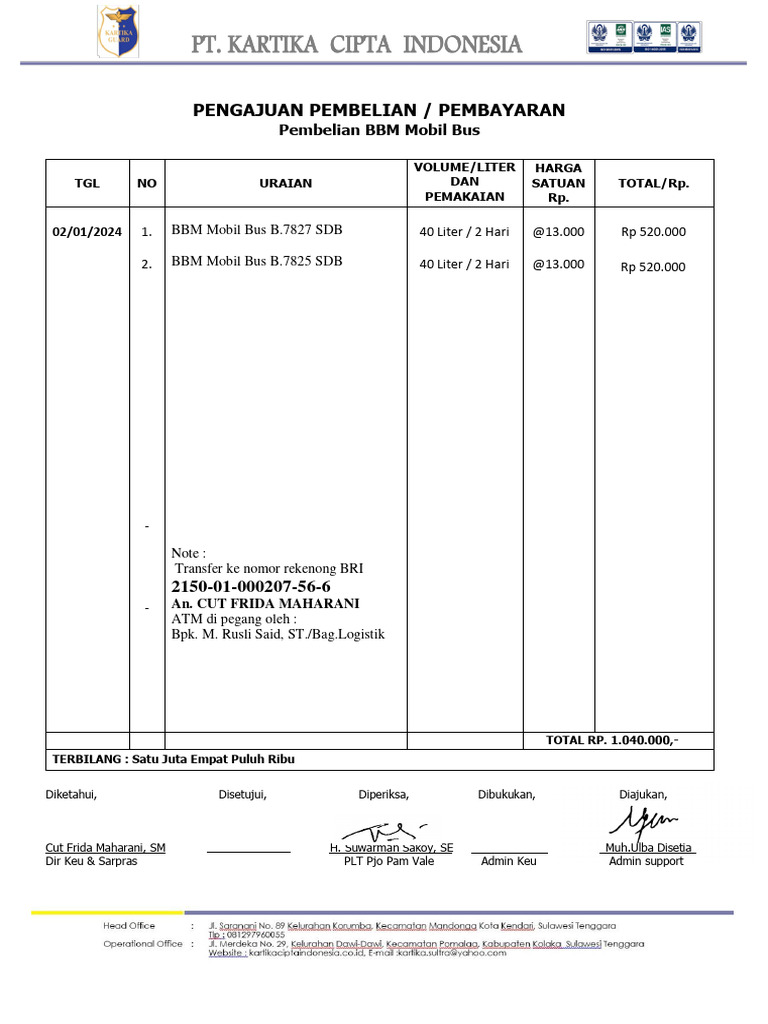 Form Pengajuan Biaya Anggaran BBM | PDF
