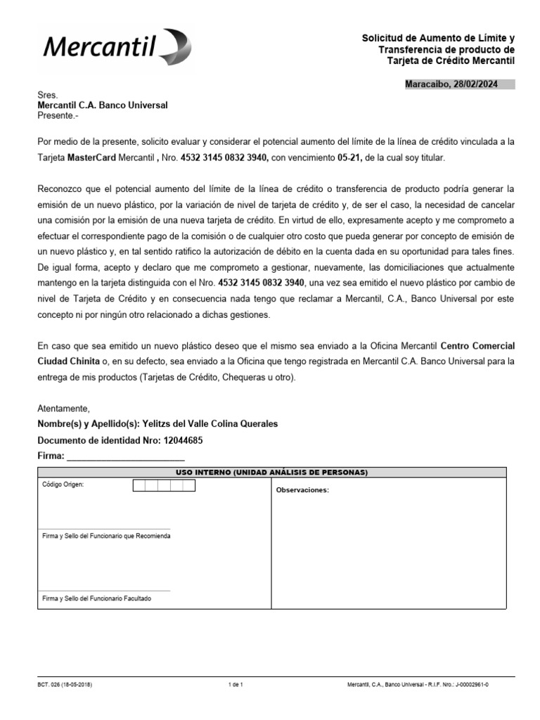 BCT 026 Solicitud Aumento de Limite Tarjeta de Credito Mercantil | PDF ... BCT 026 Solicitud Aumento de Limite Tarjeta de Credito Mercantil | PDF ...