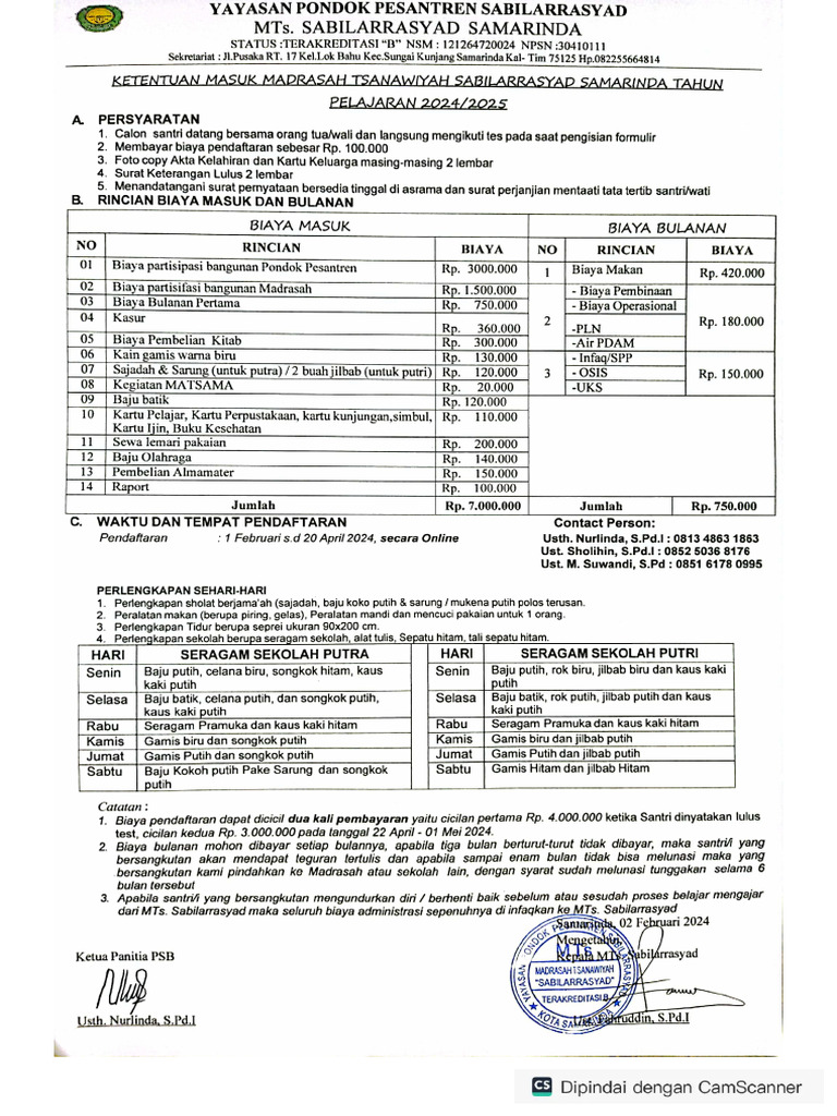 Biaya Masuk MTS Sabilarrasyad 2024 | PDF