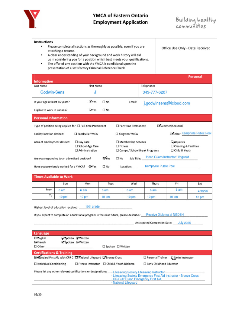 Ymca Application | PDF