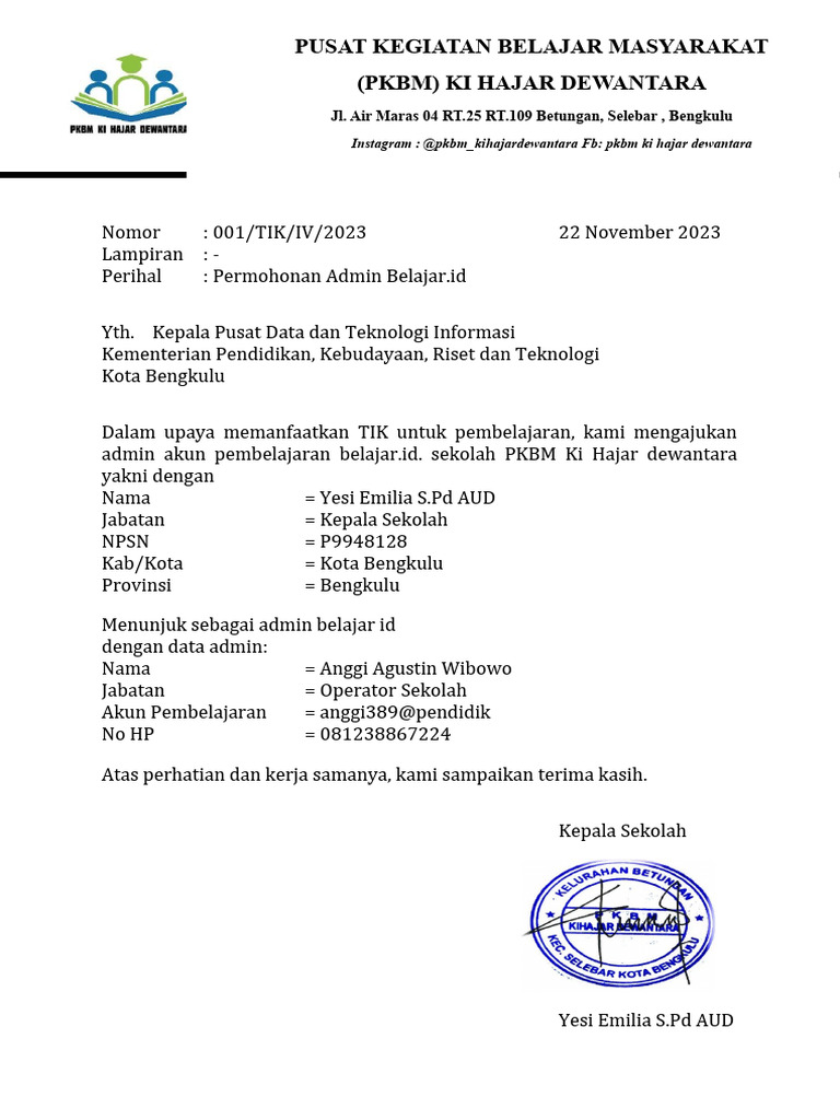 Surat Permohonan Admin Belajar Id | PDF Surat Permohonan Admin Belajar Id | PDF