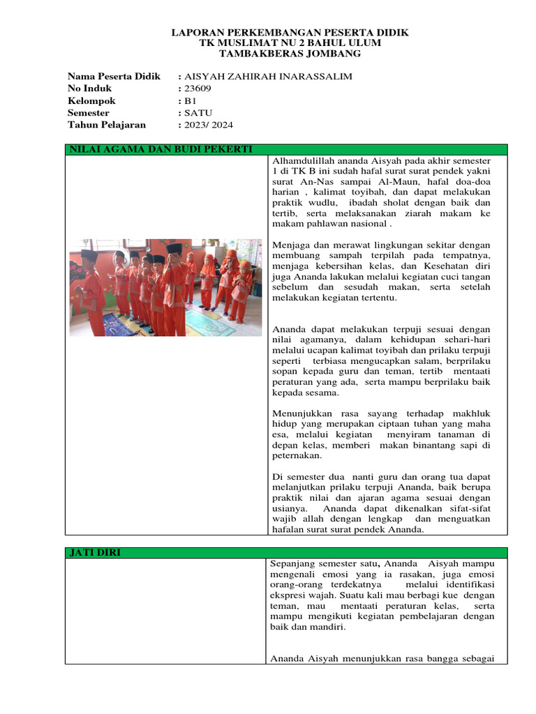 Laporan Perkembangan Peserta Didik Asiyah | PDF