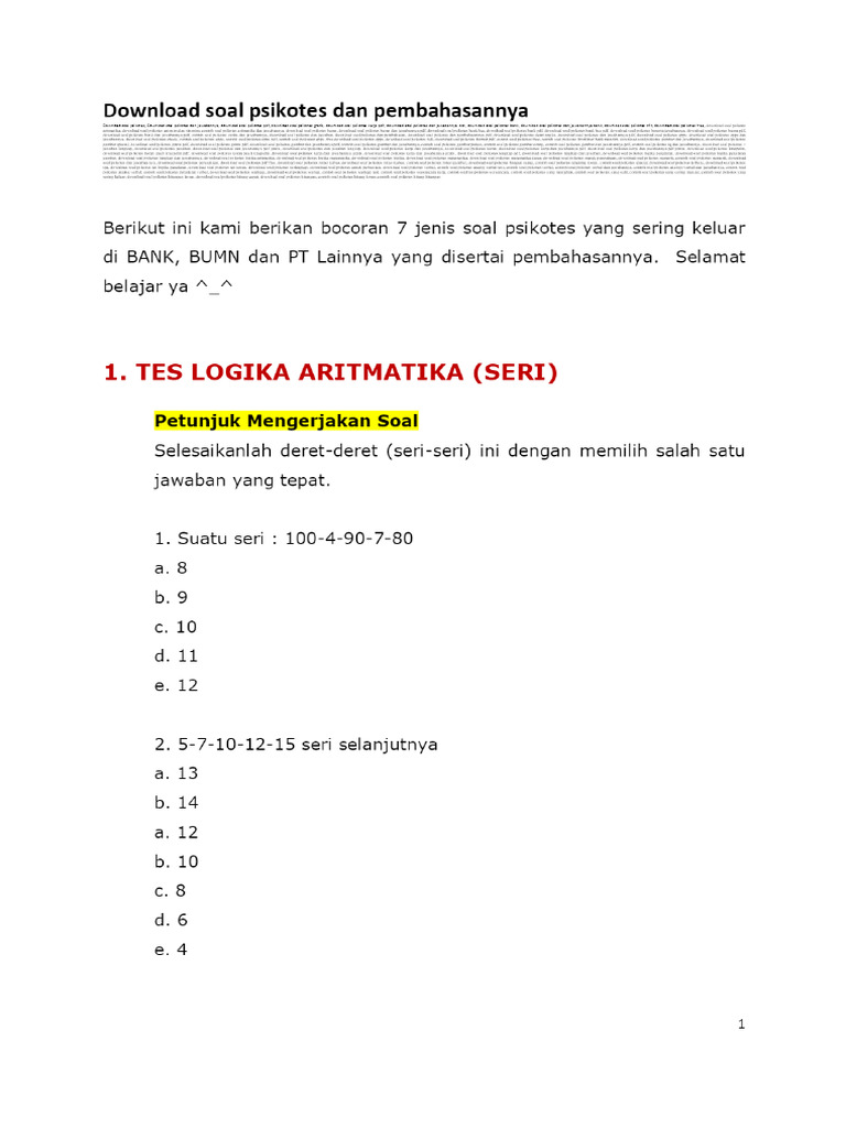 Soal Psikotes Dan Pembahasannya 1 Tes Logika Aritmatika Seri Pdf Pdf