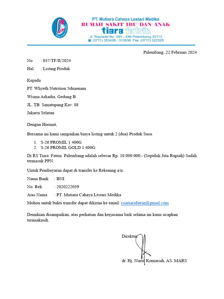 Surat Listing RS Tiara Fatrin Fix | PDF