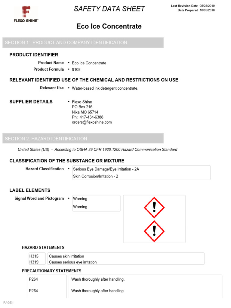 Eco Ice Concentrate Safety Data Sheet | PDF | Labor Relations | Workplace