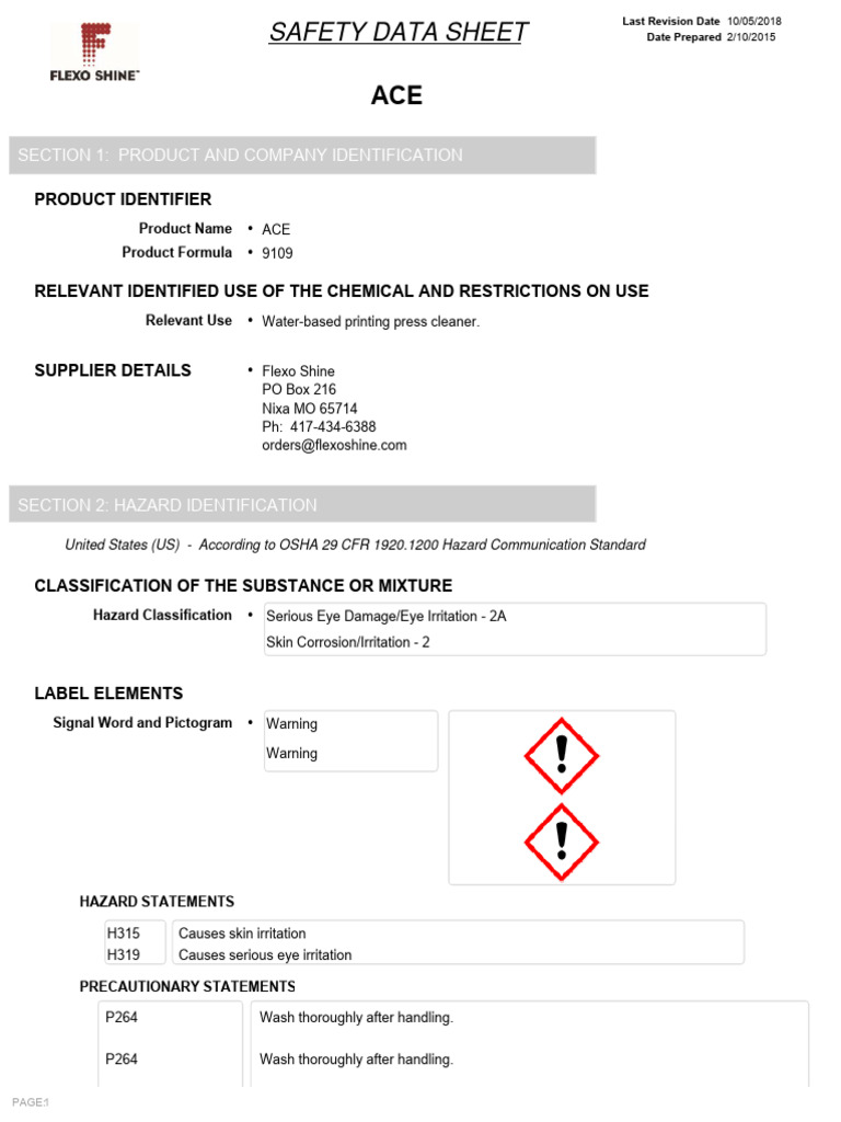 Ace SDS 2018 | PDF | Personal Protective Equipment | Hazards