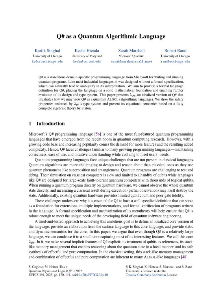 Q# As A Quantum Algorithmic Language (Singhal) | PDF | Quantum Computing | Programming Language