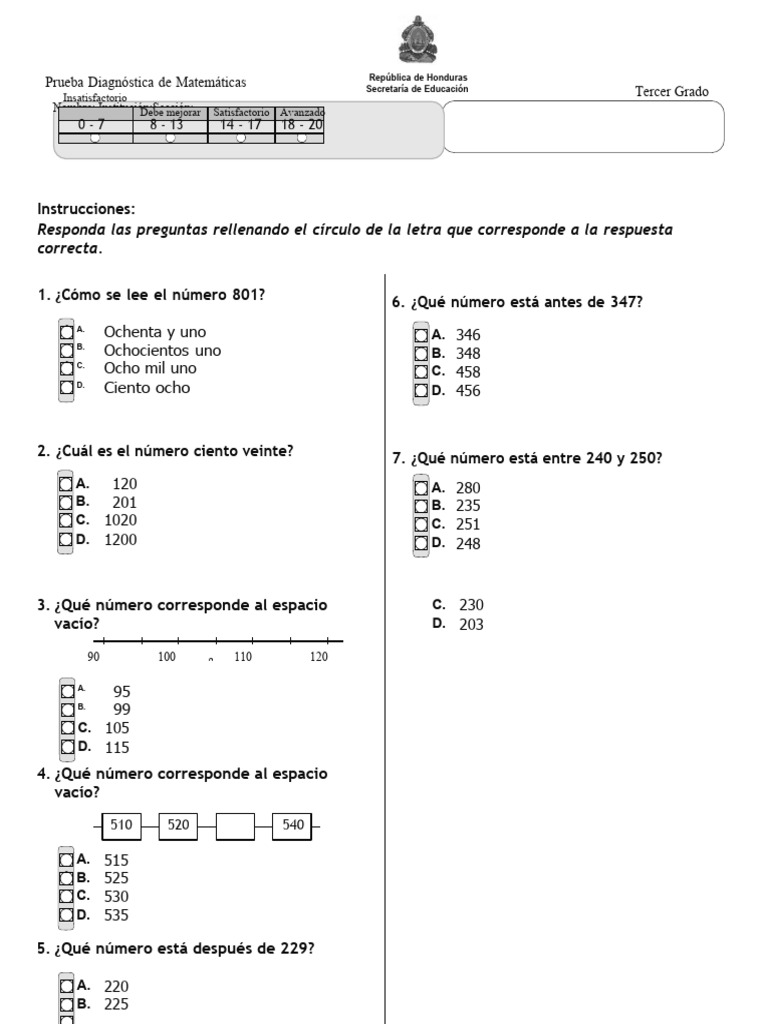 Prueba Diagnóstica Matemáticas 3er Grado | PDF