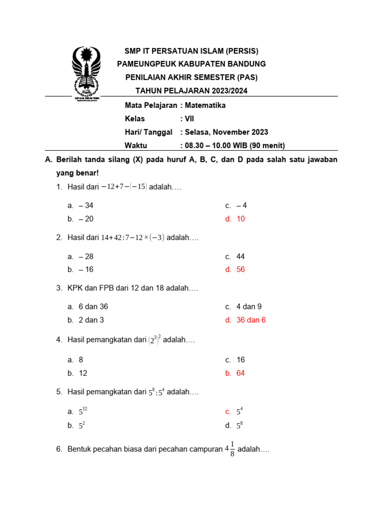 Soal PAS MTK Kelas 7 Semester Ganjil Tahun 2023 Dan Jawaban | PDF