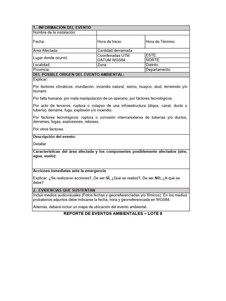 Anexo 2 - Formato de Reporte de Eventos Ambientales - Lote 8 | PDF