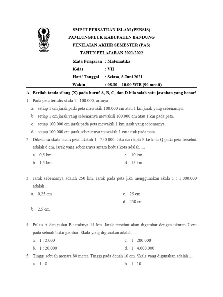 Soal PAS MTK Kelas 7 Semester Genap 2021 | PDF