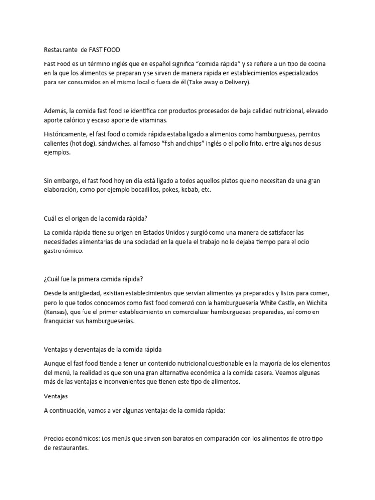 Restaurante de FAST FOOD | PDF | Alimentos | Comida rápida