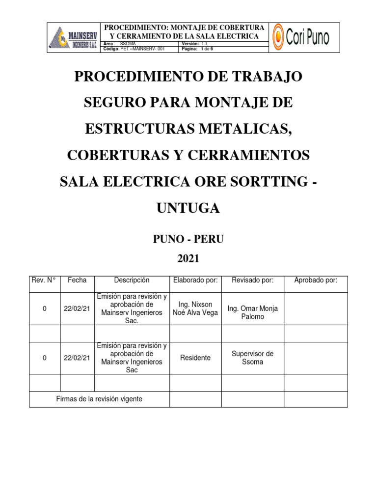 Procedimiento de Trabajo Seguro para Montaje de Estructuras Metalicas | PDF | Sector secundario ...