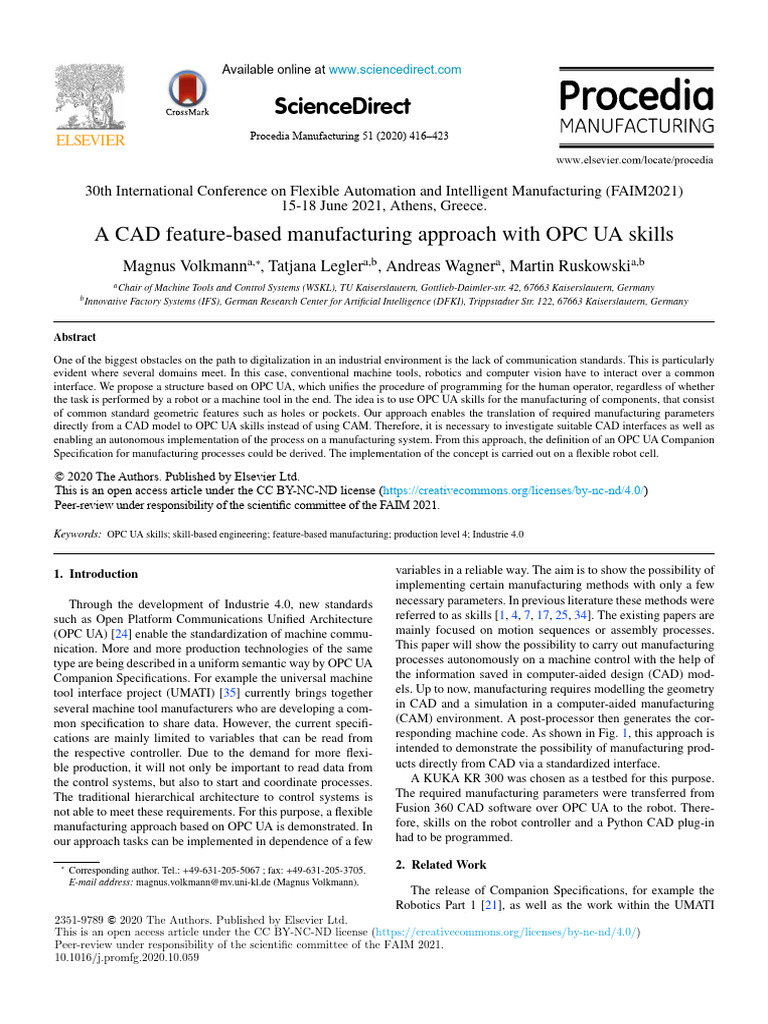 A CAD Feature Based Manufacturing Approach With OPC - 2020 - Procedia Manufactu | PDF | Robotics ...
