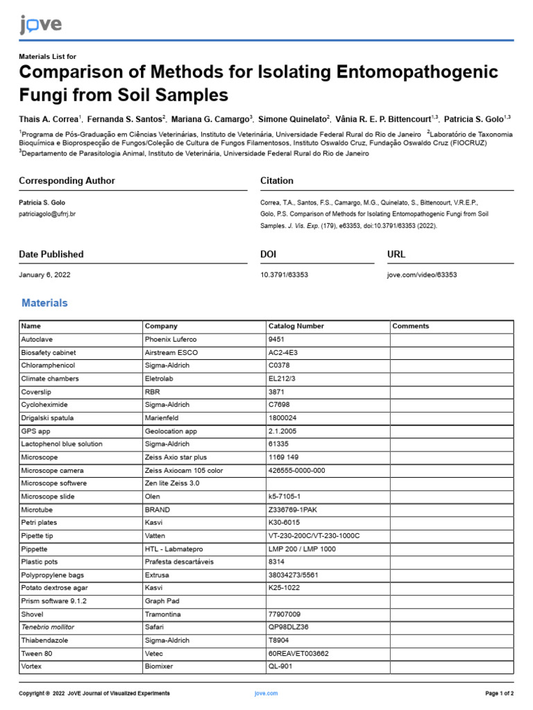 Jove Materials 63353 Comparison Methods For Isolating Entomopathogenic Fungi From Soil | PDF