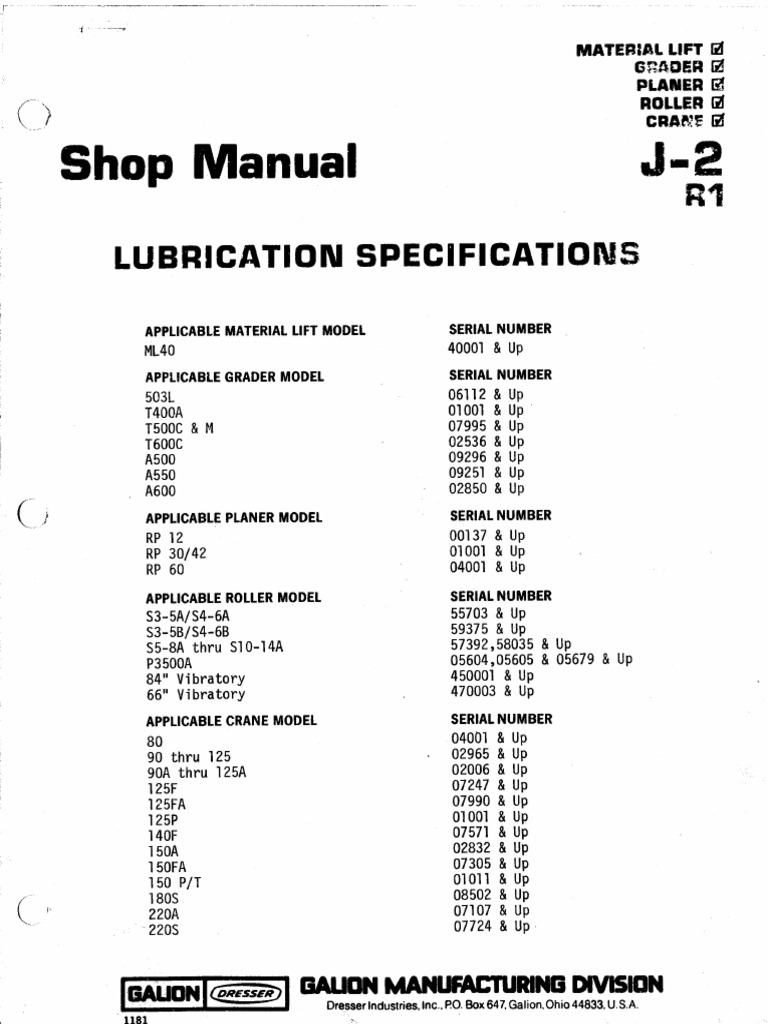 Galion A550 Lubrication Specifications Service | PDF