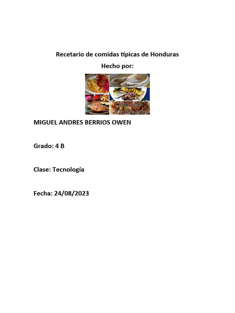 Recetario de Comidas Típicas de Honduras | PDF | Alimentos | Cocina
