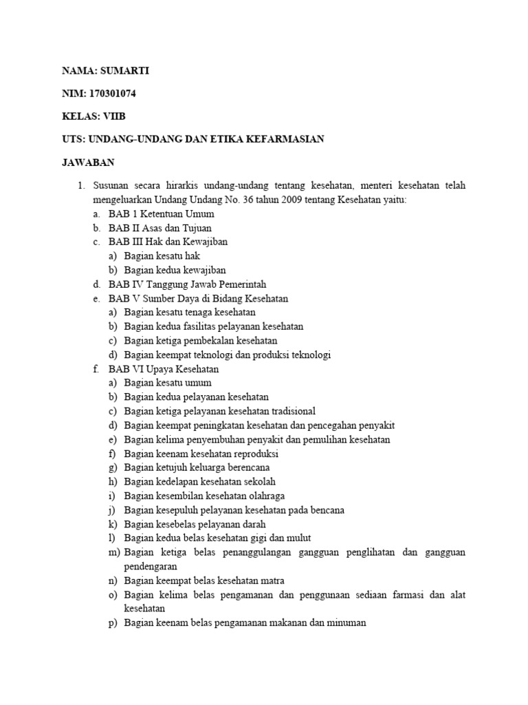 UTS UU Dan Etika Kefarmasian SUMARTI 170301074 VIIB | PDF