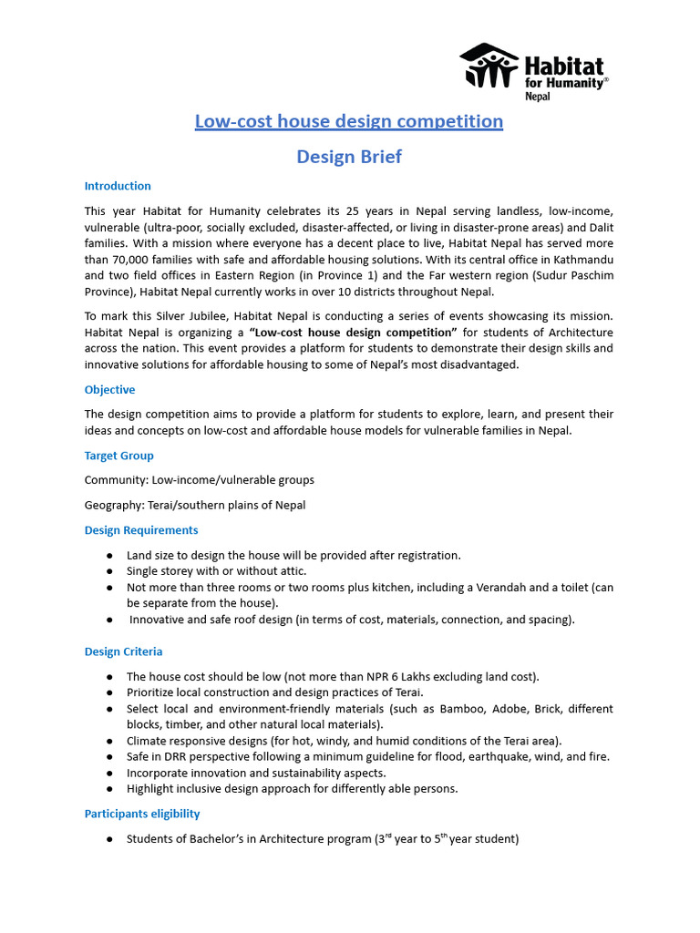 Design Brief Low Cost House Design Competition | PDF | Nepal
