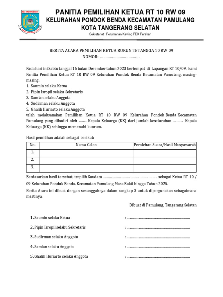 Berita Acara Pemilihan Ketua RT 10 RW 09 | PDF