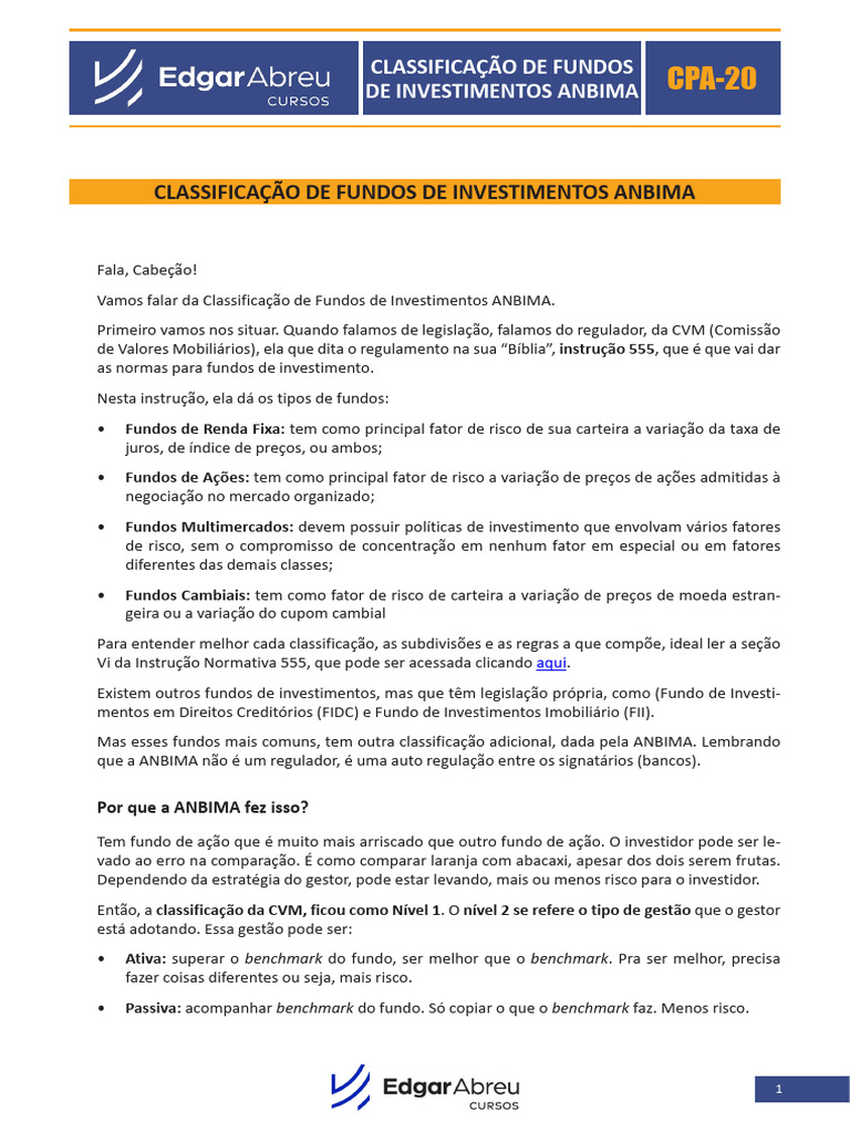 Classificacao de Fundos Anbima PDF Cpa 20 | PDF