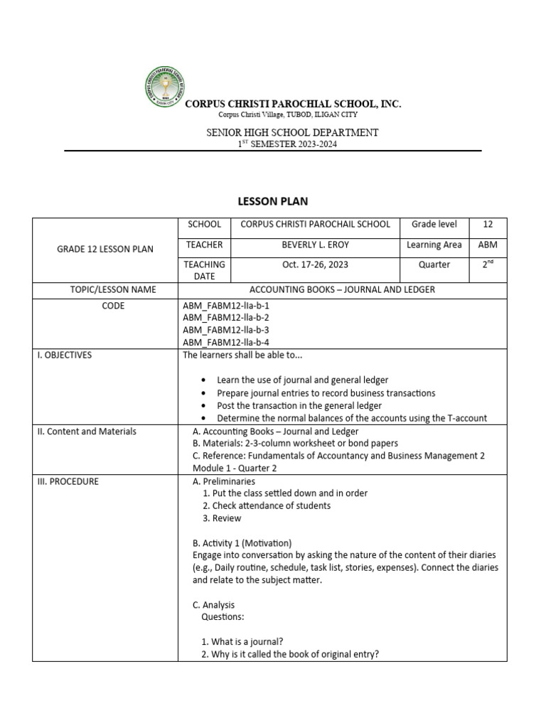 Lesson Plan - Accounting Books-Journal and Ledger | PDF | Debits And ...