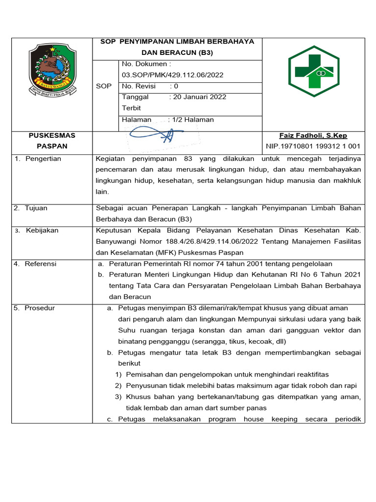 Sop Penyimpanan Limbah (B3) | PDF