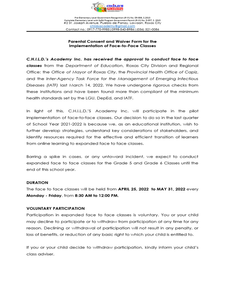 Waiver - Face To Face Classes.G5-62022 | PDF | Health Sciences | Causes ...
