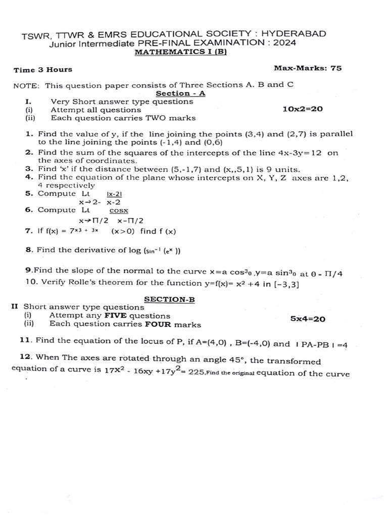 Maths I B Year Pre Final Question Paper | PDF