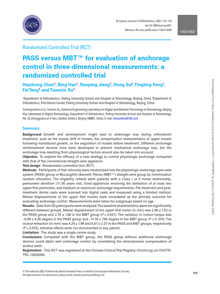 PASS Versus MBT™ For Evaluation of Anchorage Control in Three-Dimensional Measurements: A ...