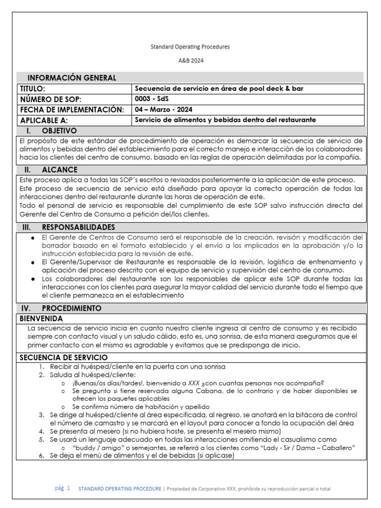 2024 SOP SDS 0003 Secuencia de Servicio Pool Bar | PDF | Alimentos