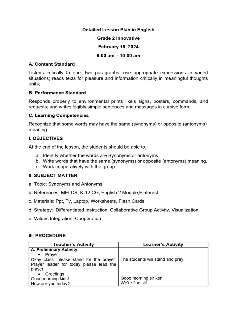Grade 2 Lesson Plan: Synonyms & Antonyms | PDF | Differentiated ...