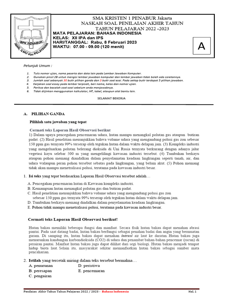 Soal Pat BHS Ind Kelas Xii A | PDF