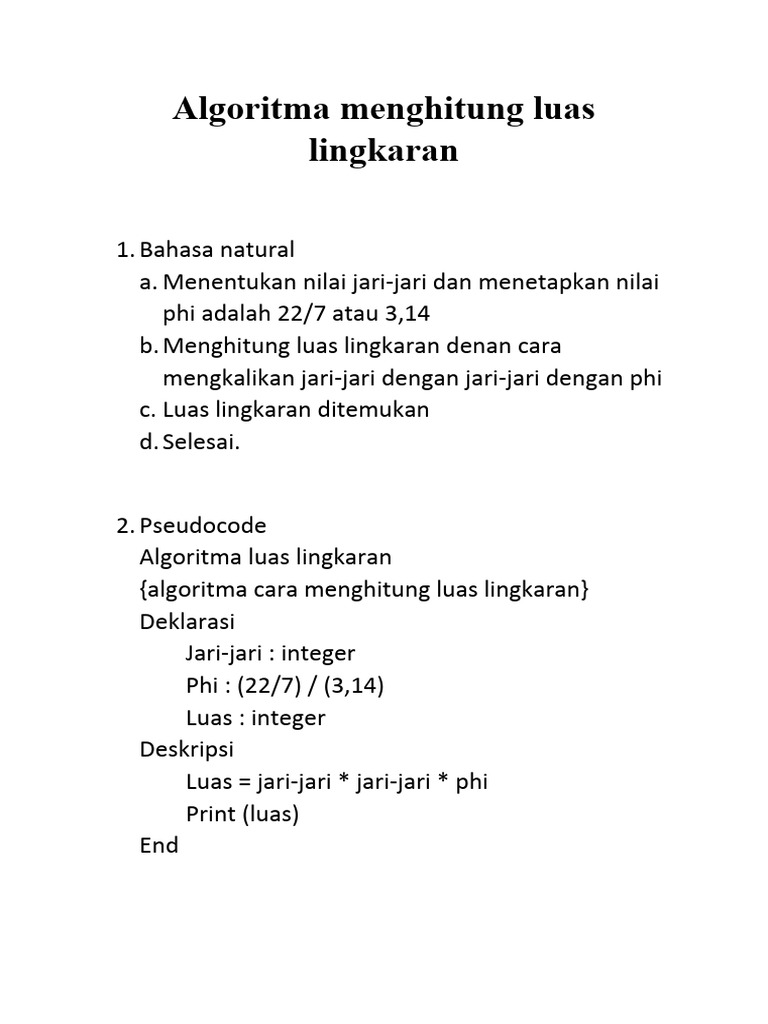 Algoritma Menghitung Luas Lingkaran | PDF