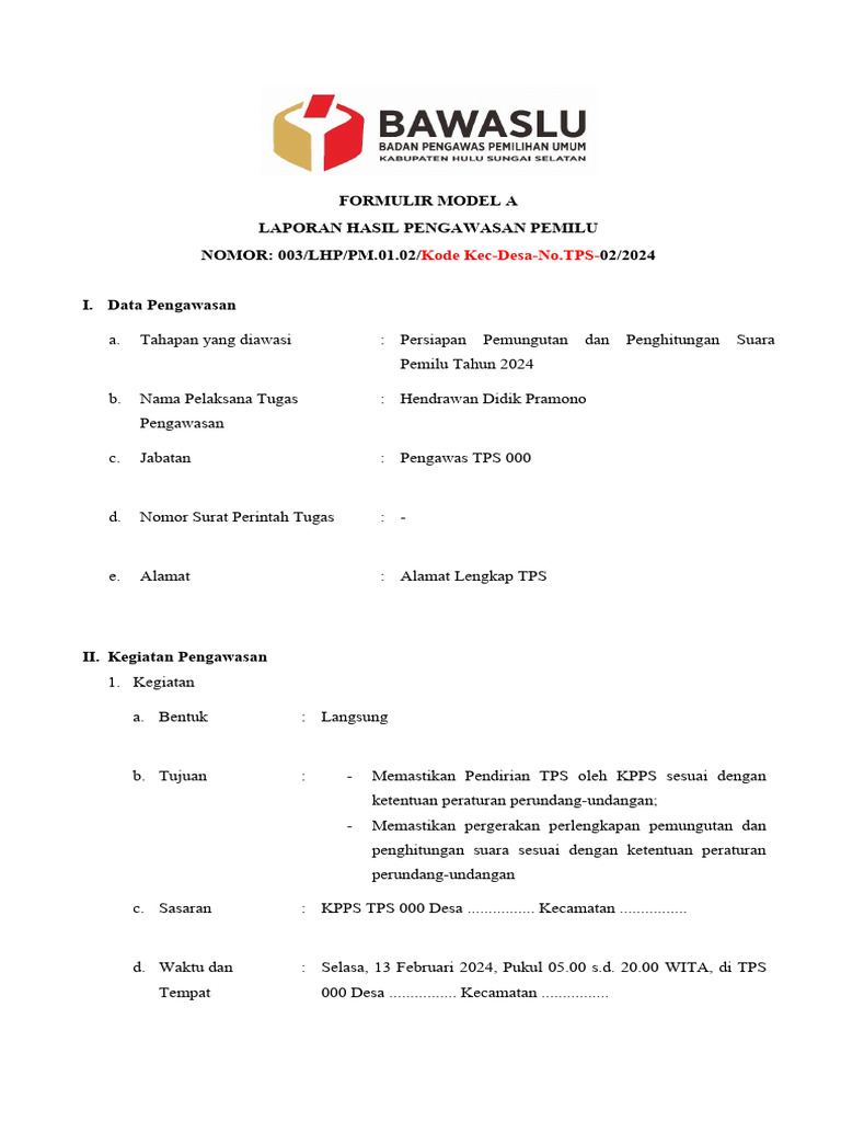 000 - Form A Pengawasan Persiapan Pemungutan Dan Penghitungan Suara PTPS | PDF