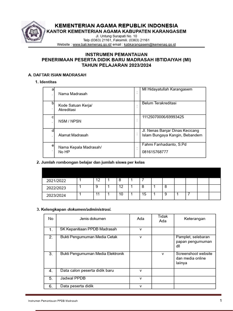 Pemantauan PPDB MI Hidayatullah 2023 | PDF