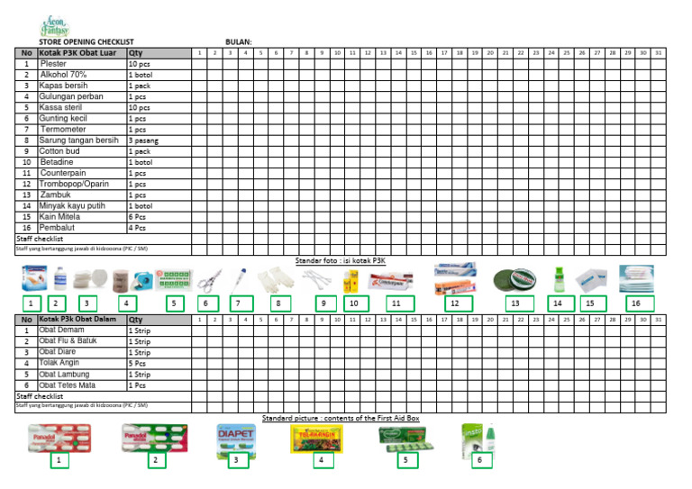 Opening Checklist - First Aid P3K (Update April 2022) | PDF