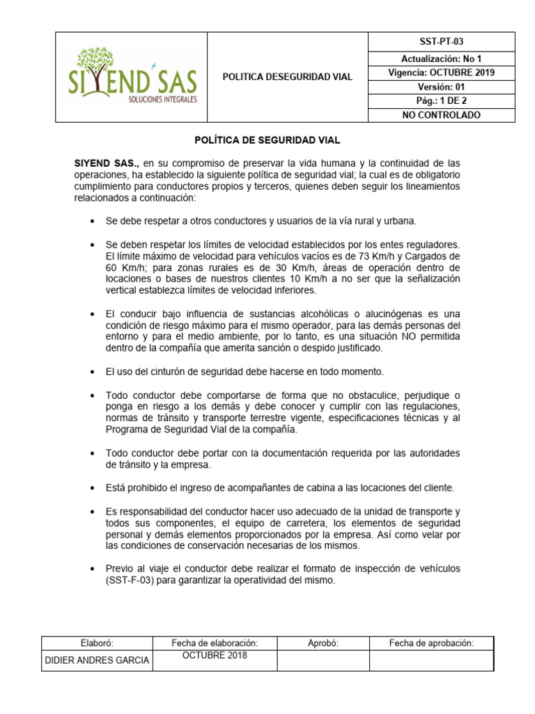 SST-PT-03 Politica de Seguridad Vial | PDF | Seguridad vial | Transporte