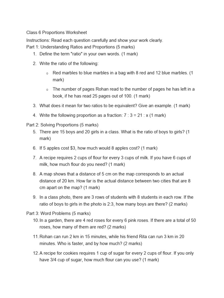 Class 6 Proportions Worksheet | PDF