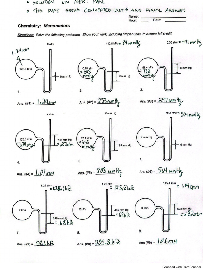 KEY - Pressure and Manometers Worksheet | PDF