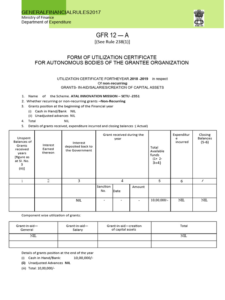 GFR 12 Non Recurring 2018-19 | PDF