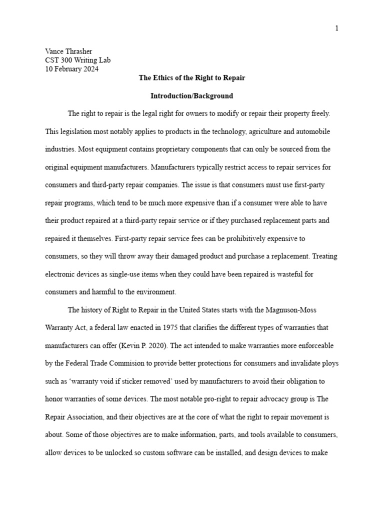 The Ethics of The Right To Repair Essay Final Draft | PDF