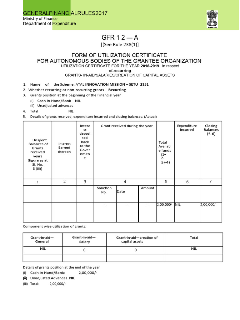 GFR 12 Recurring 2018-19) | PDF | Financial Services | Money