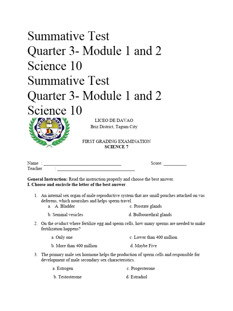 Reproductive System Summative Test | PDF | Menstrual Cycle ...